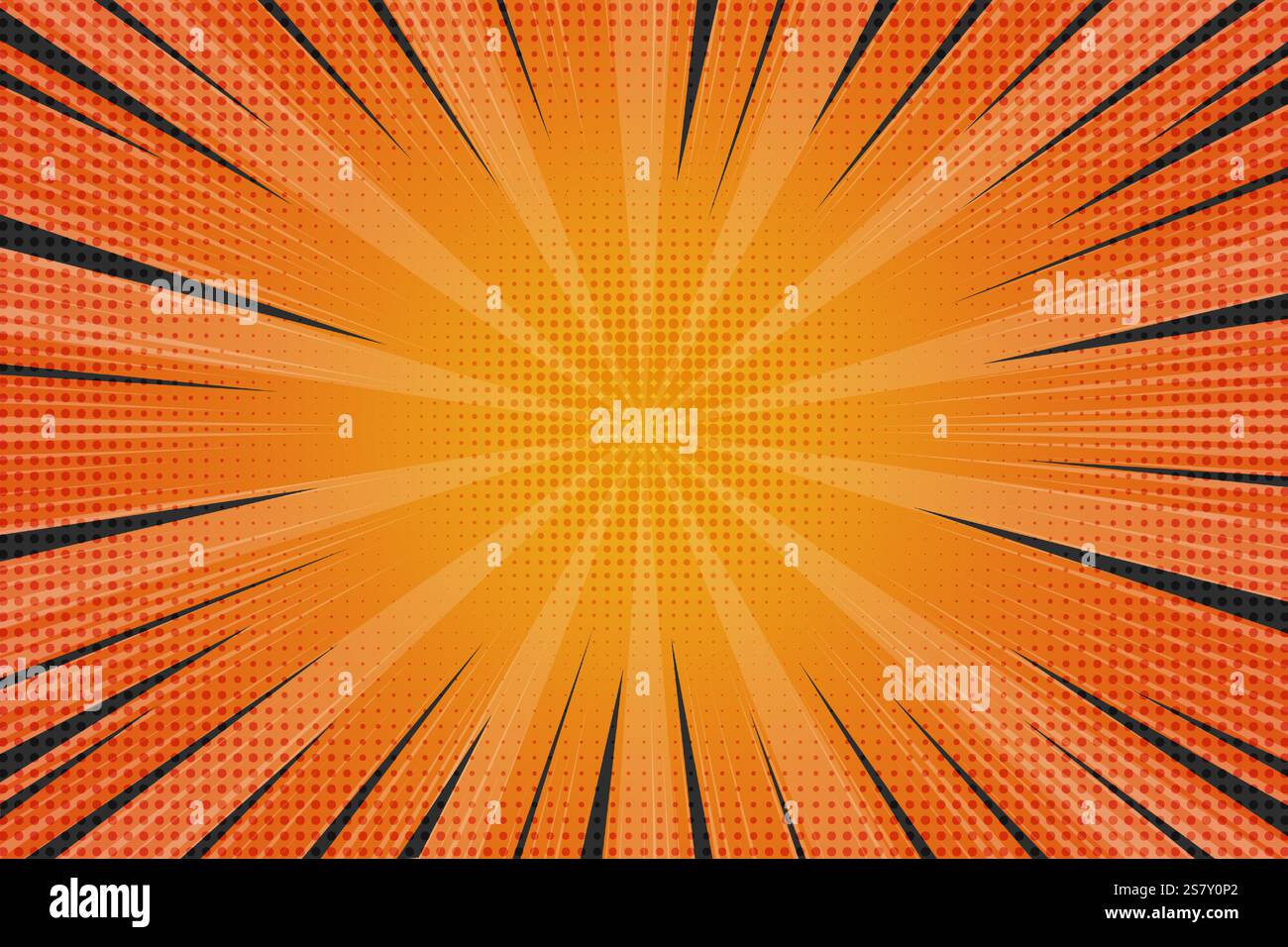 Pop art background with starburst rays of light and halftone effect ...