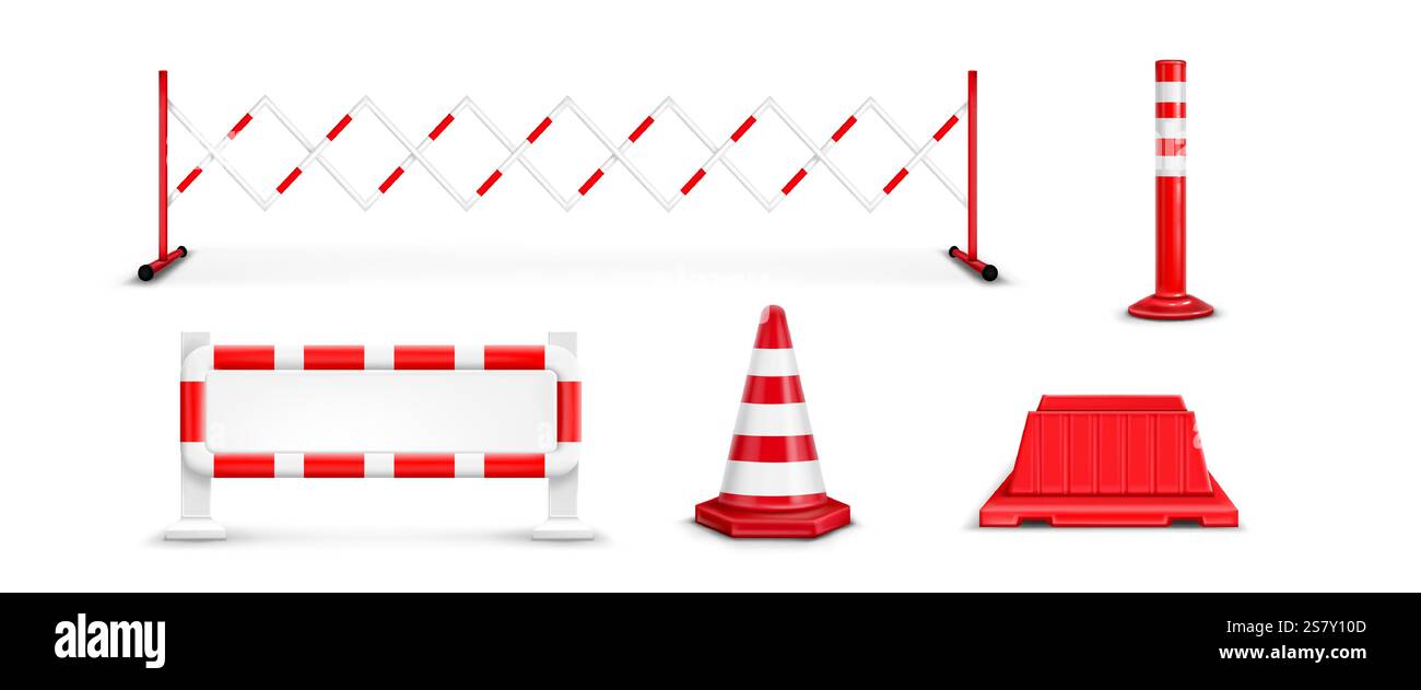 Road barrier set with red and white striped elements - expandable fence ...