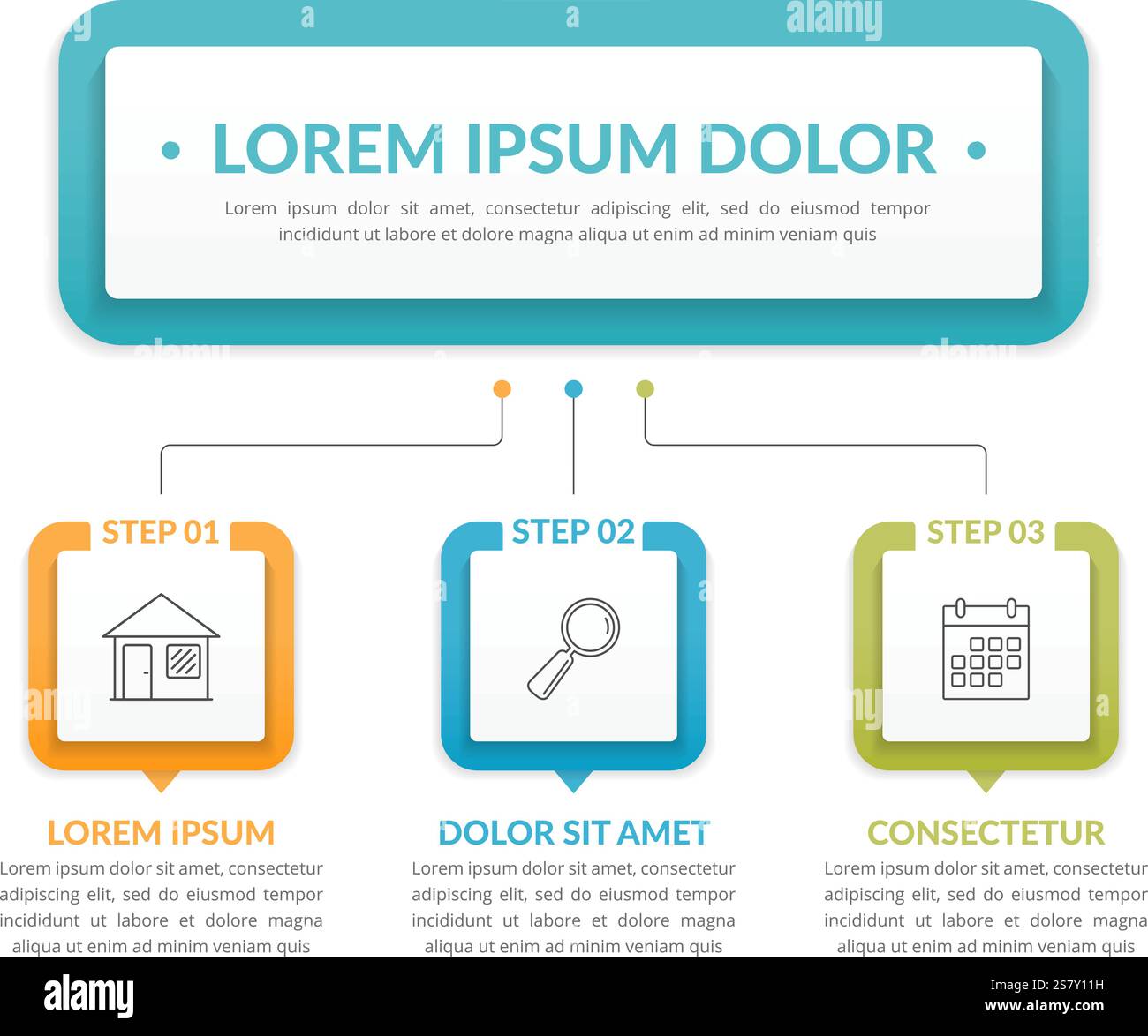 Infographic template with main idea and 3 steps or options, workflow ...