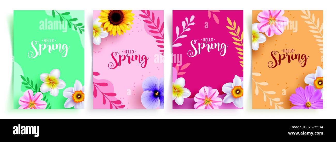 Spring greeting card clipart poster set. Hello spring text in abstract ...