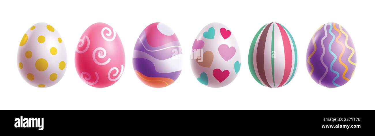 Eggs eater 3d colorful clipart set. Easter egg drawing with circle, spiral, heart and wave print ...