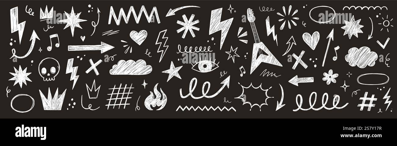 Hand drawn rock punk music star grunge tattoo doodle icon element set ...