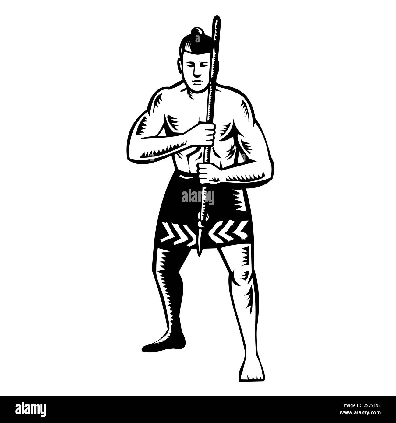Retro woodcut style illustration of a a male Maori with taiaha or ...