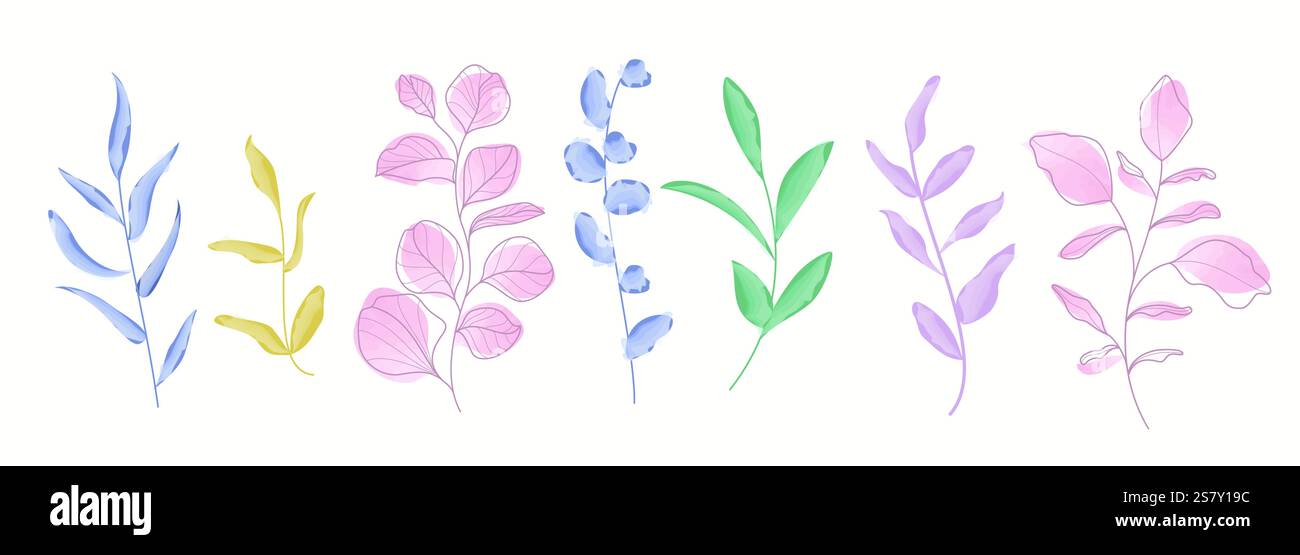 Leaves watercolor clipart set. Spring leaf drawing in colorful abstract ...