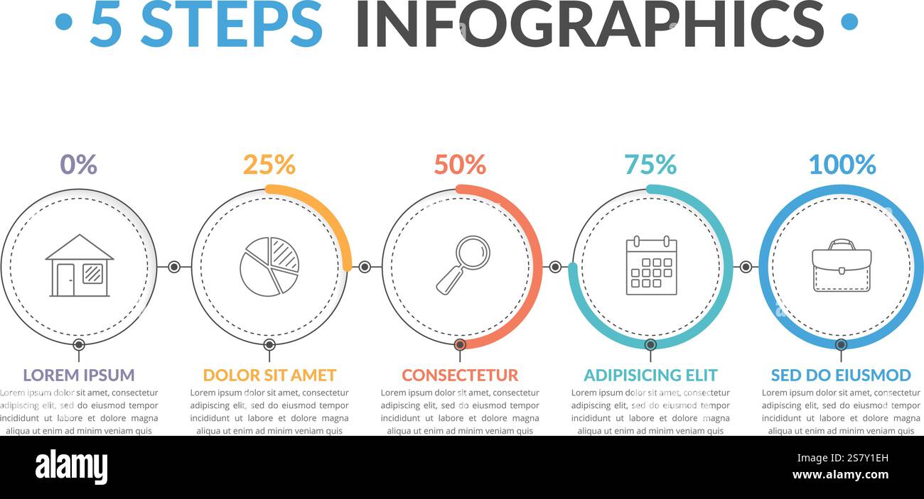 Infographic template with five round progress indicators, workflow ...