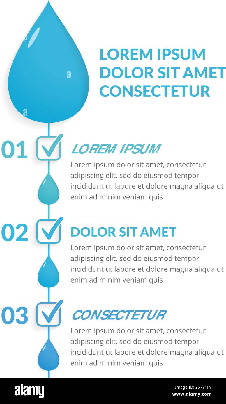 Infographic template with three steps with water drops and check marks ...