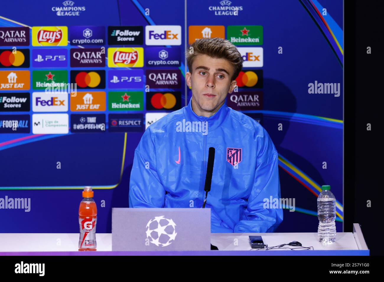 Pablo Barrios of Atletico de Madrid attends his press conference ahead ...