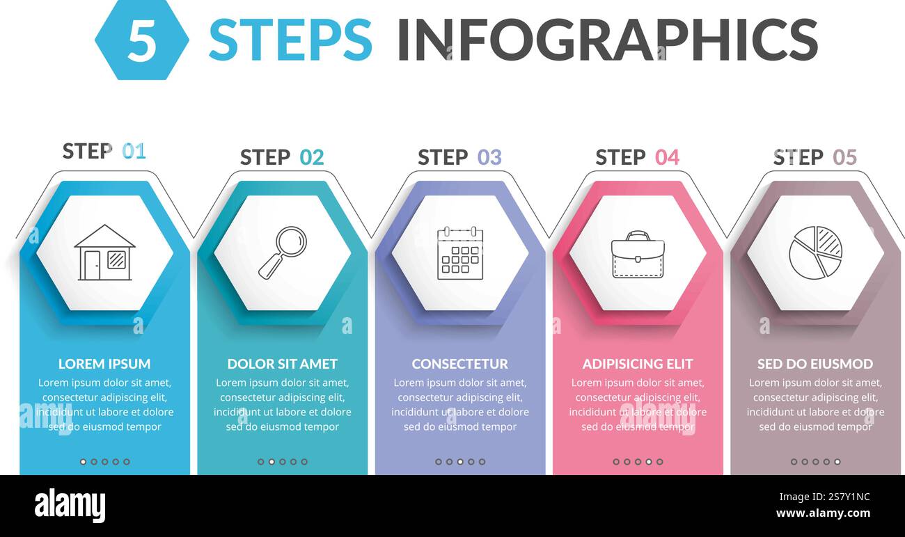 Infographic template with 5 hexagons with line icons, process chart ...