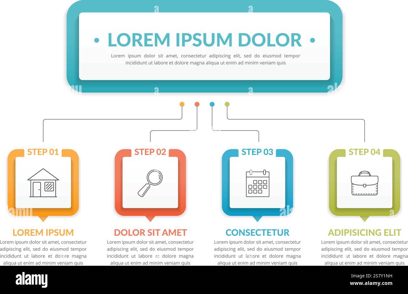 Infographic template with main idea and 4 steps or options, workflow, process chart, vector ...