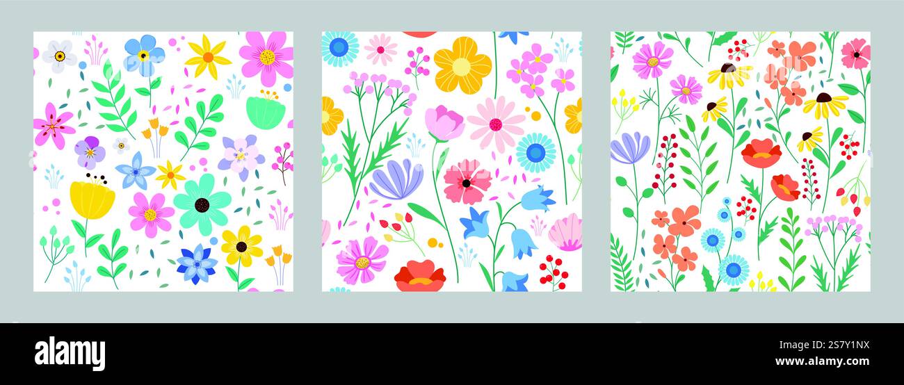Flower seamless drawing clipart background set. Spring flowers ...