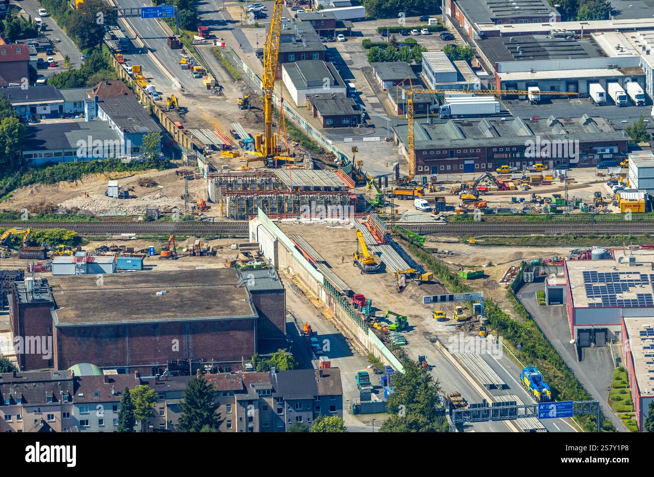 Aerial view, full closure of the A40 highway at the new replacement and ...