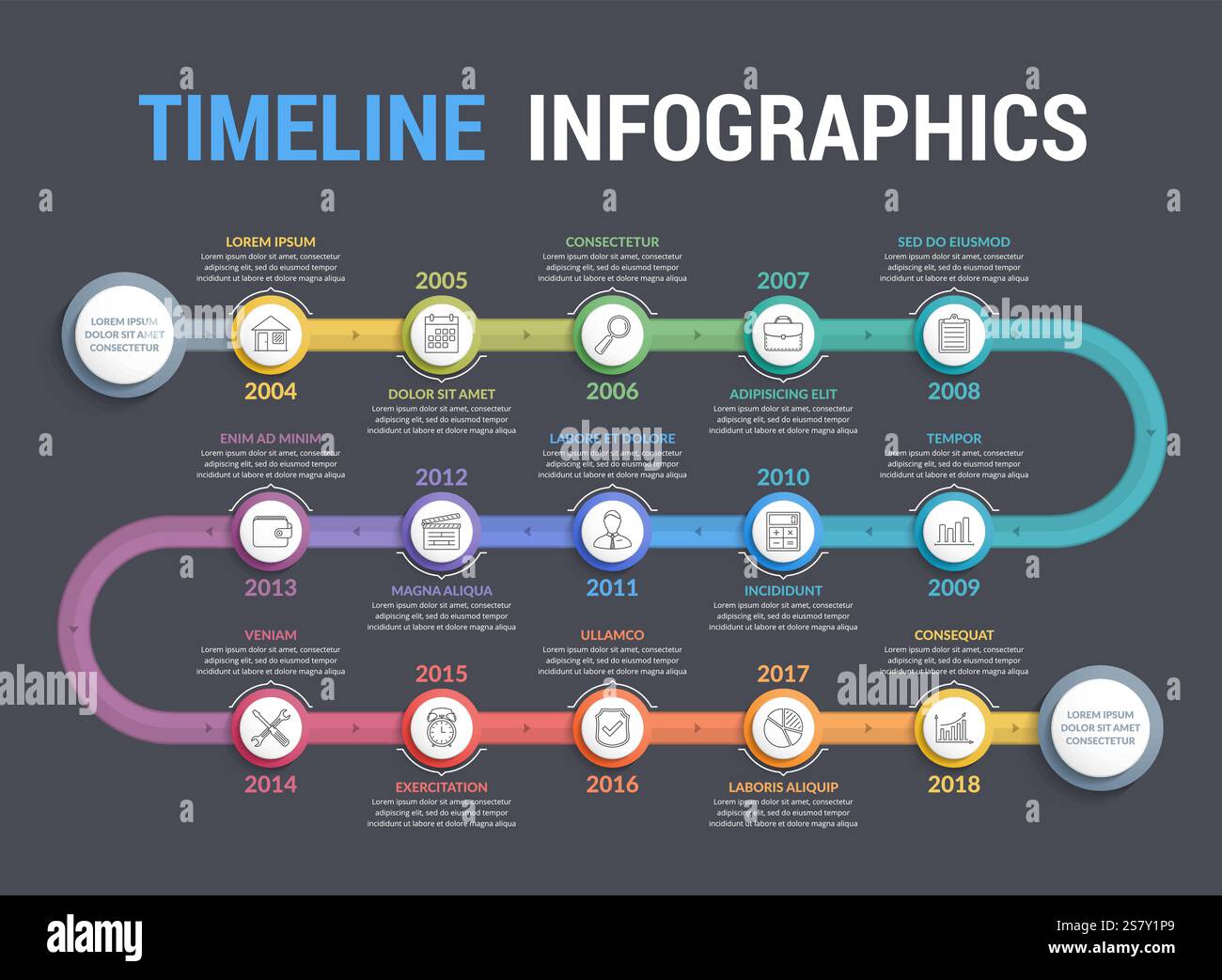 Colorful timeline infographics template with 15 steps, workflow ...