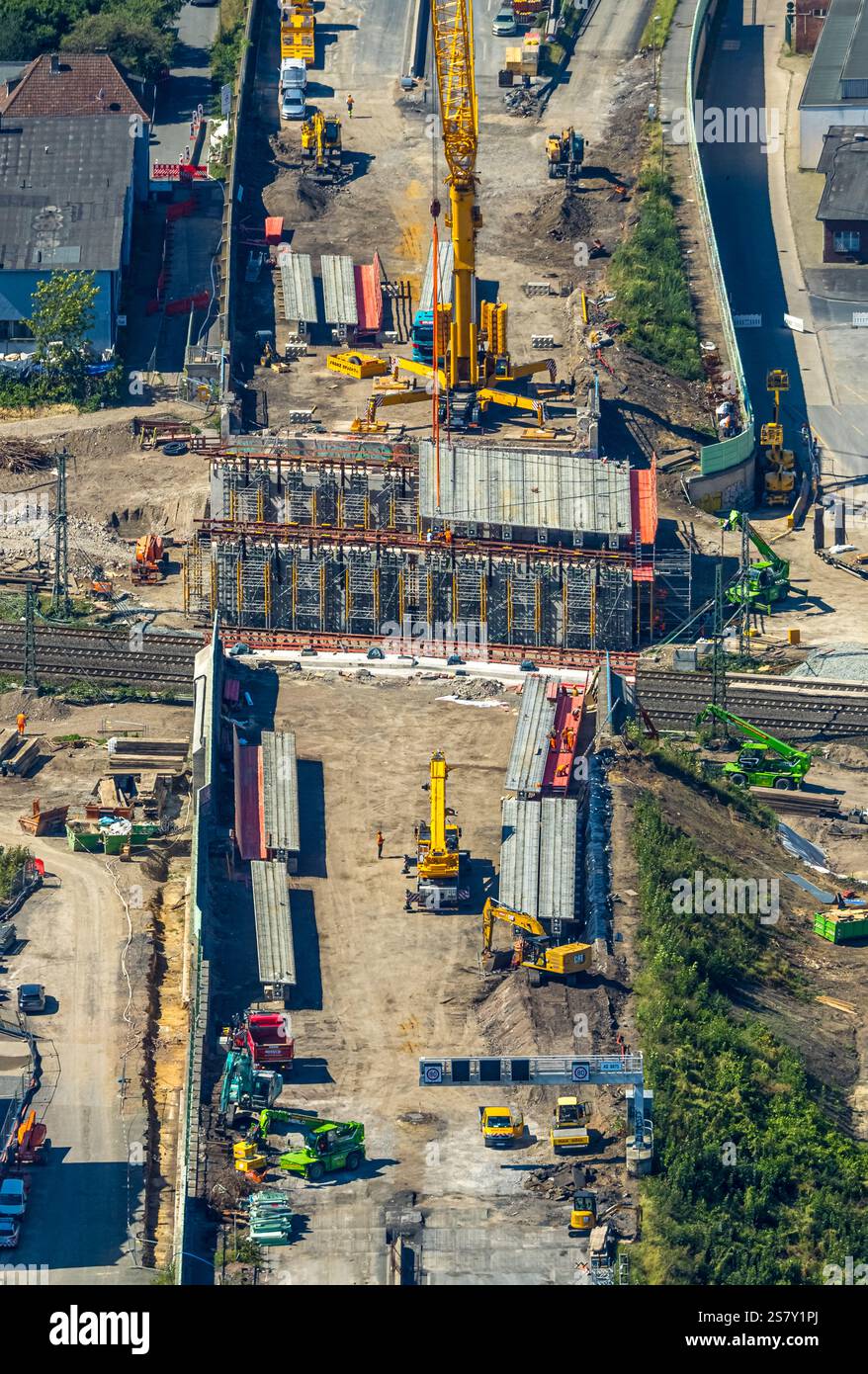 Aerial view, full closure of the A40 highway at the new replacement and ...