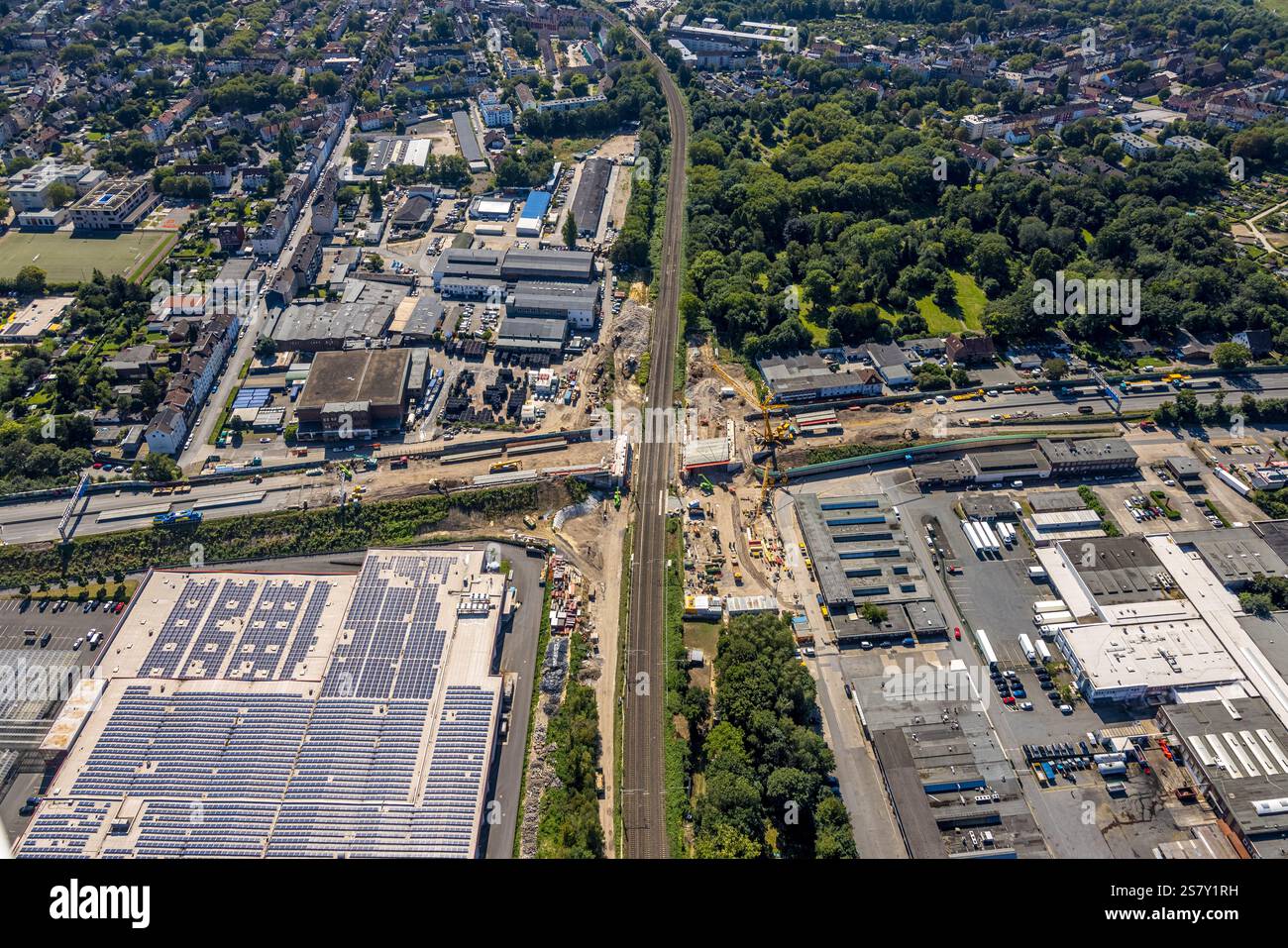 Aerial view, full closure of the A40 highway at the new replacement and ...