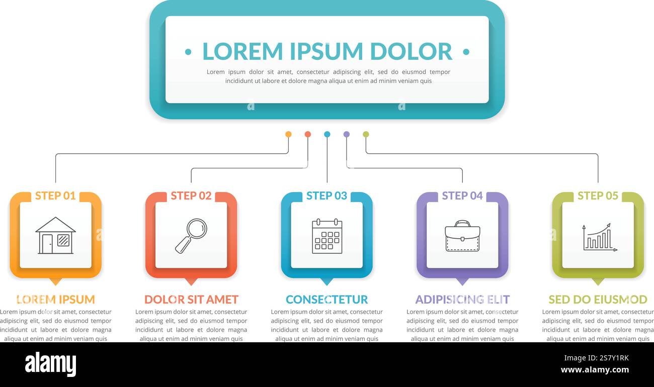 Infographic template with main idea and 5 steps or options, workflow, process chart, vector ...
