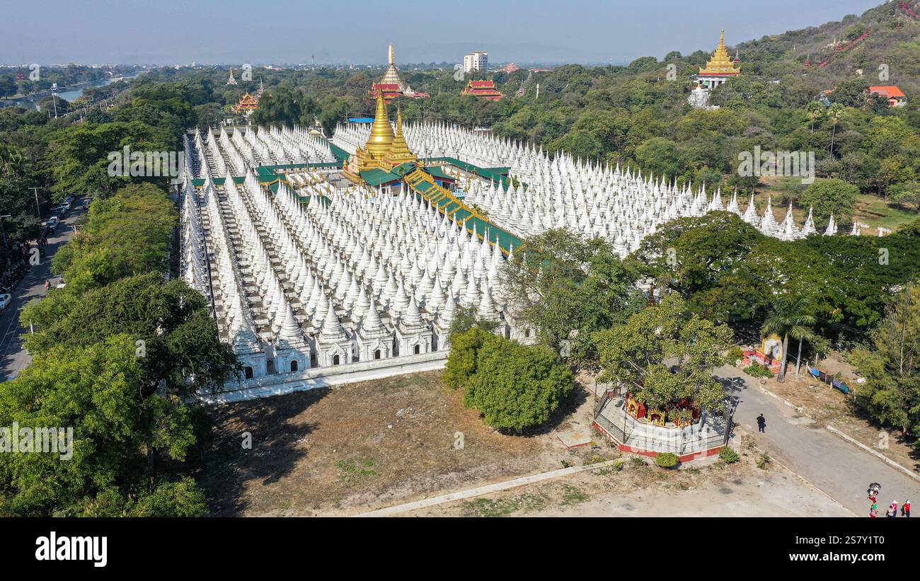 Mandalay, Myanmar: Aerial scenic Kuthodaw Pagoda, 729 Tripitaka marble tablets, Unesco world's ...
