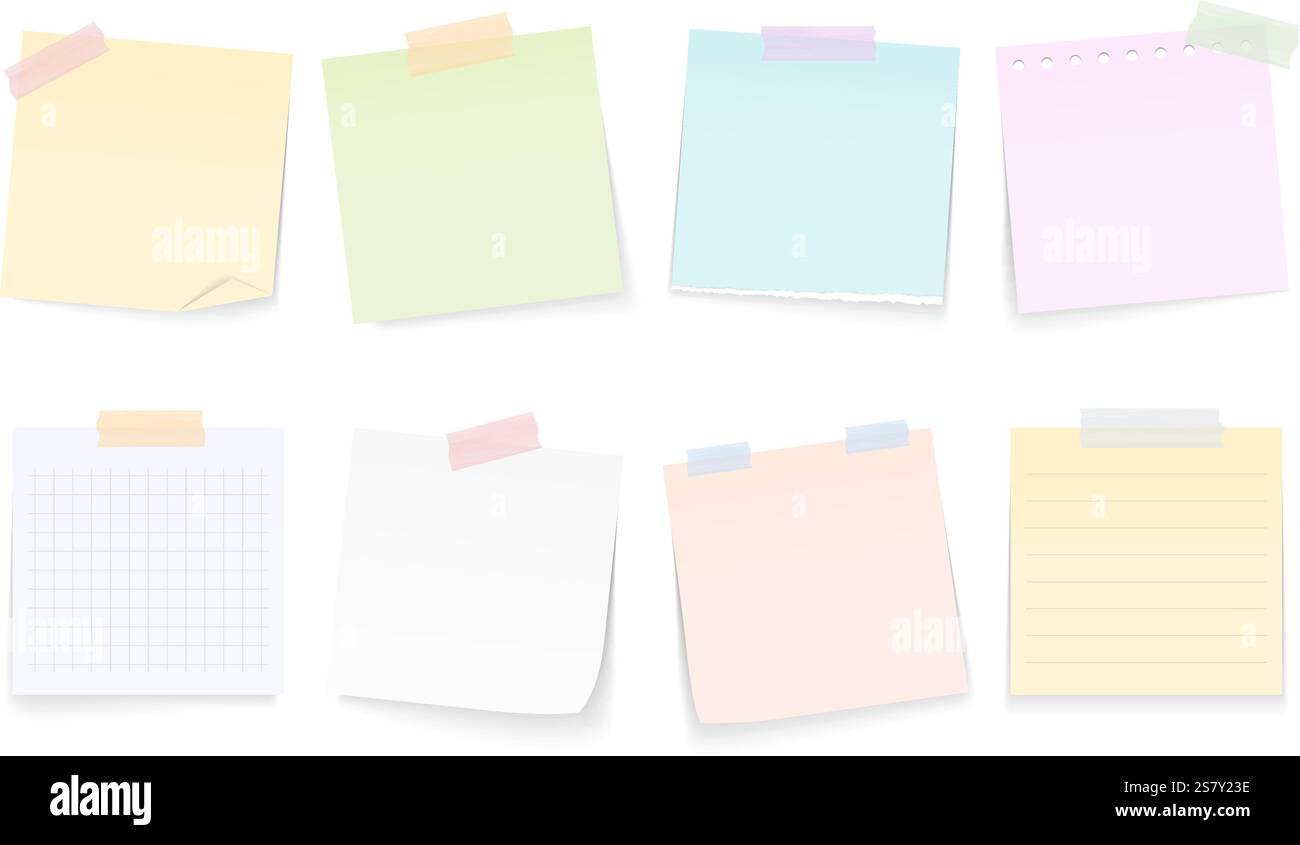 Blank paper notes attached by adhesive tape, white background, vector ...