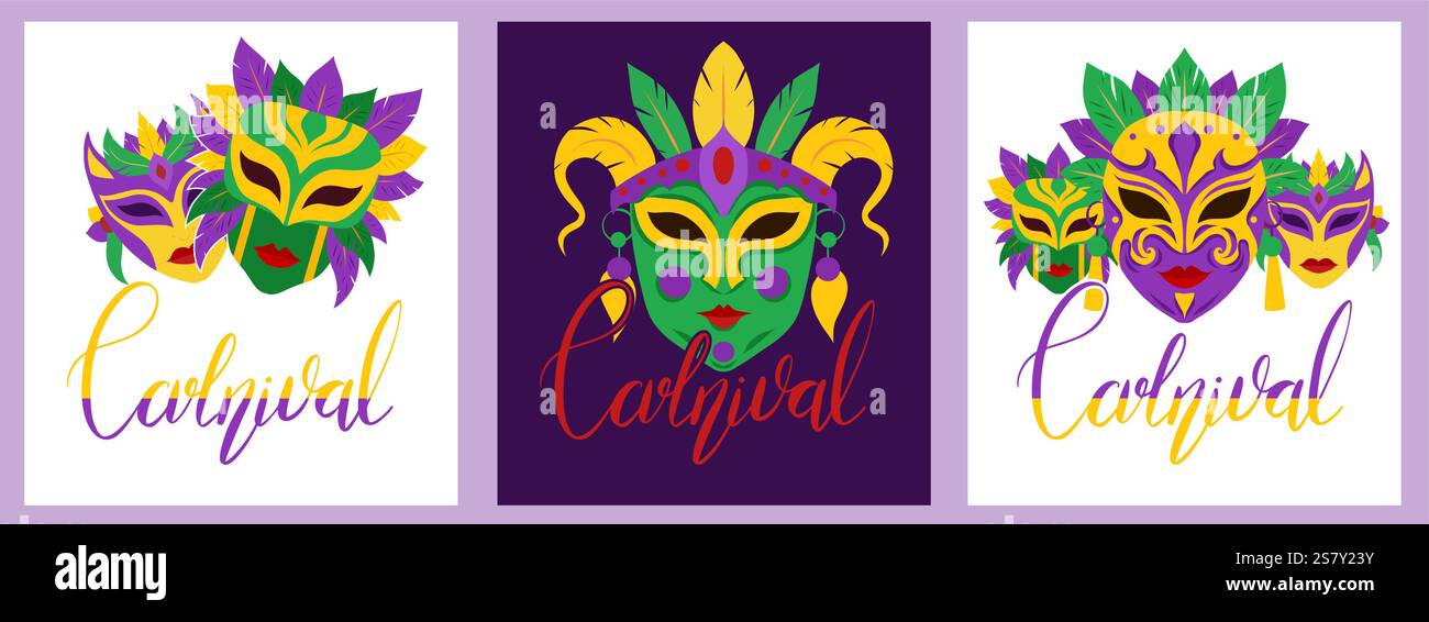 Carnival. Vector poster set with lettering with flat masquerade masks ...
