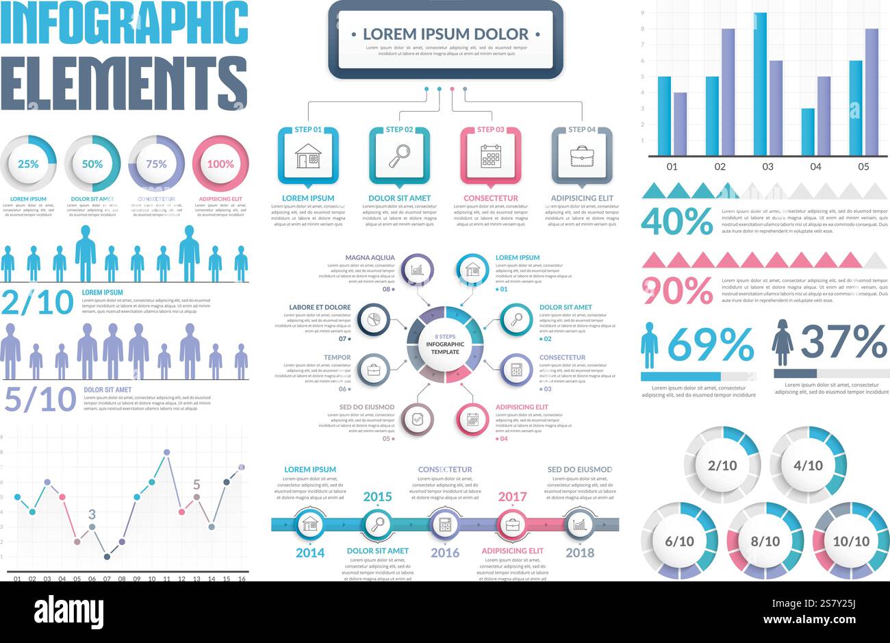 Infographic elements - bar and line charts, people infographics, circle ...