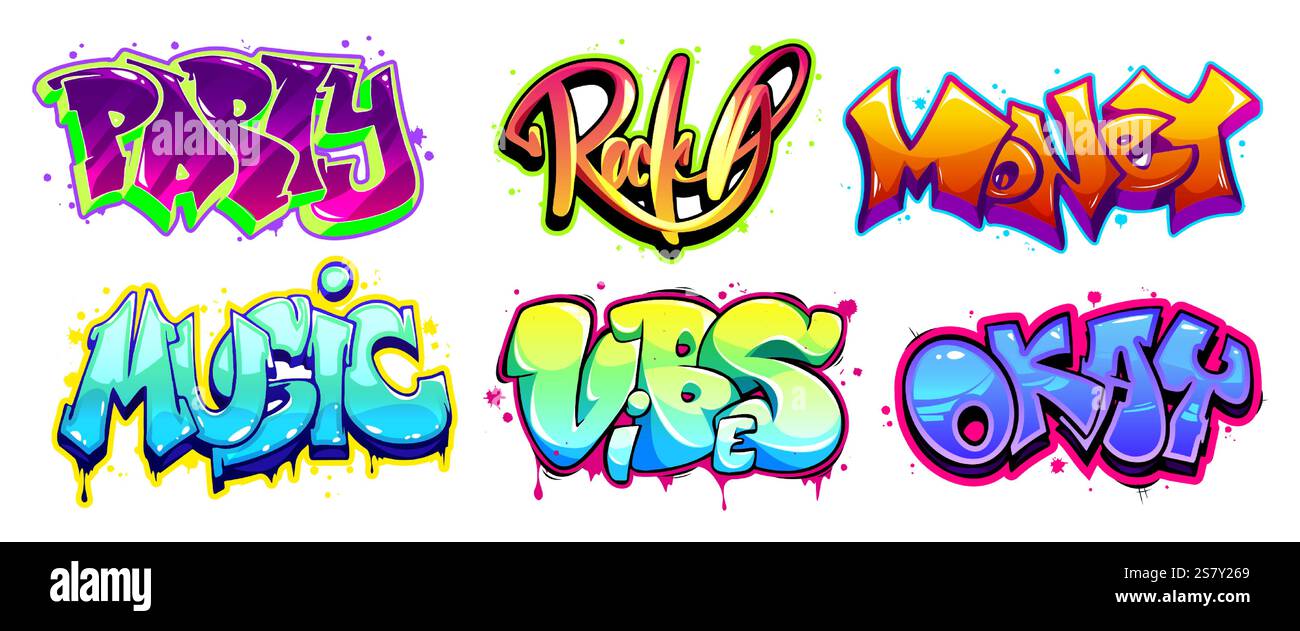 Graffiti art words set isolated on white. Vector cartoon illustration ...