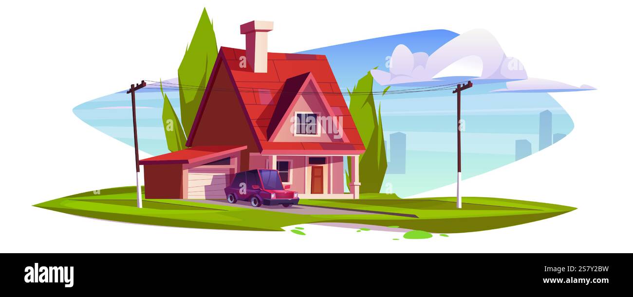 Cartoon suburban house with red roof, garage, parked car and green lawn ...
