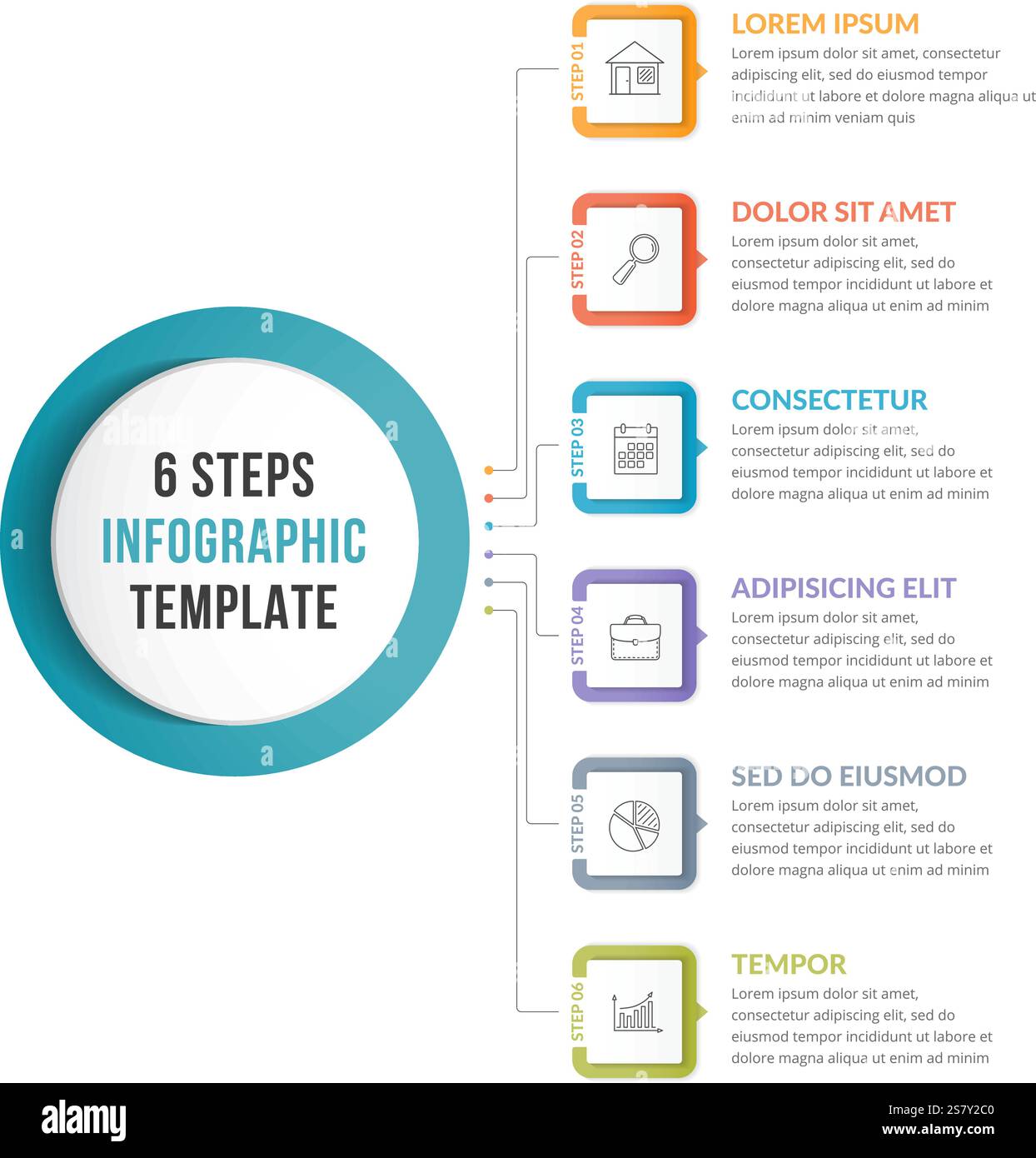 Infographic template with main idea and 6 steps or options, workflow, process chart, vector ...