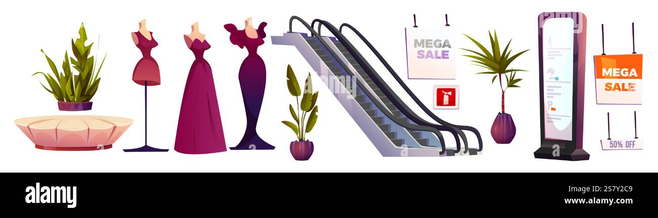 Mall hall elements set - escalator, promotional banners, mannequins ...