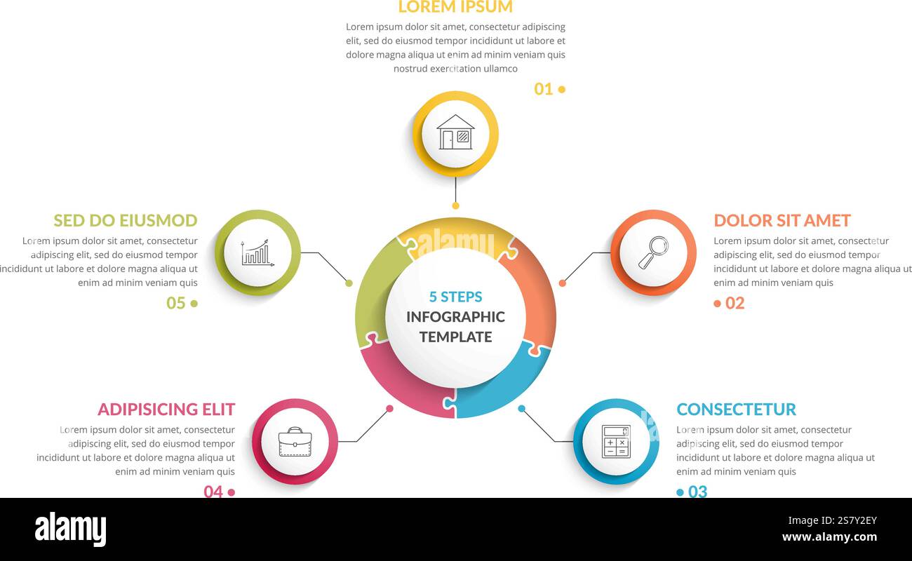 Circle infographic template with round puzzle with five steps or ...