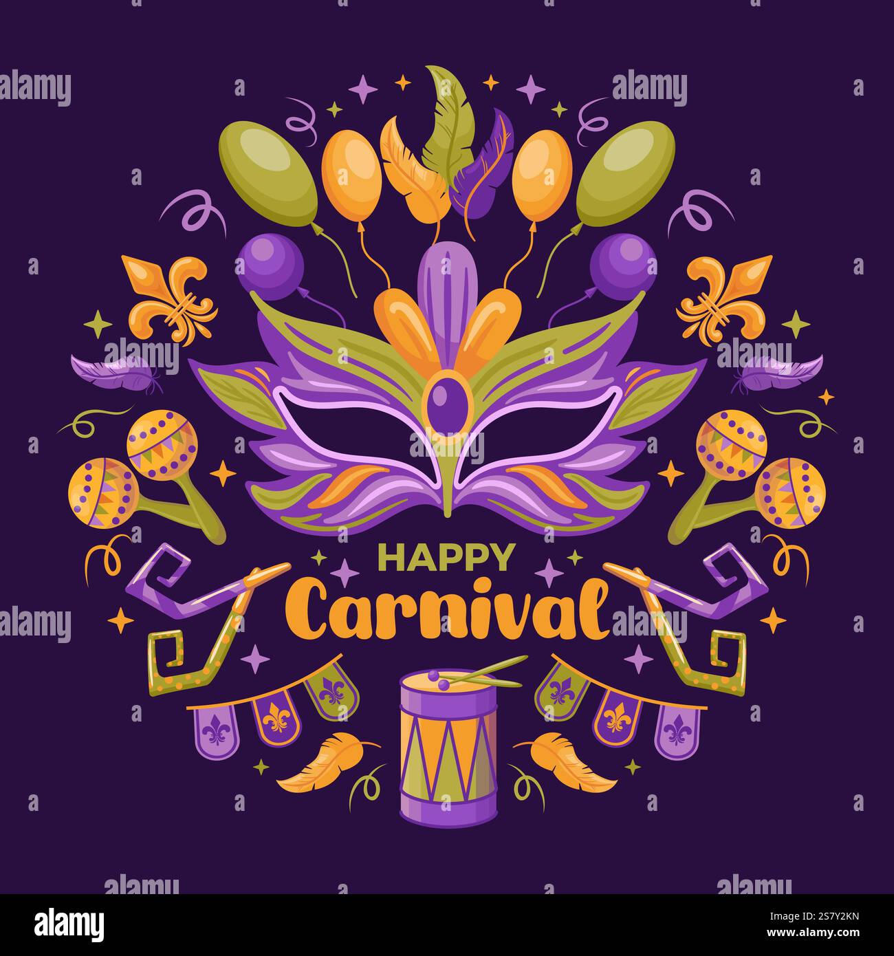 Happy carnival. Holiday illustration. Carnival masks. Garlands of flags ...