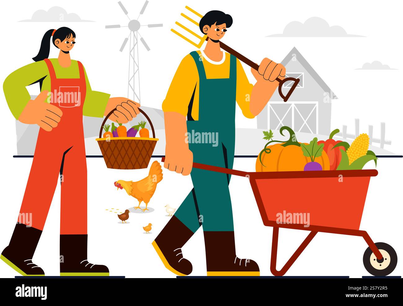 Family Farm Vector Illustration Featuring a Mother and Father Working ...