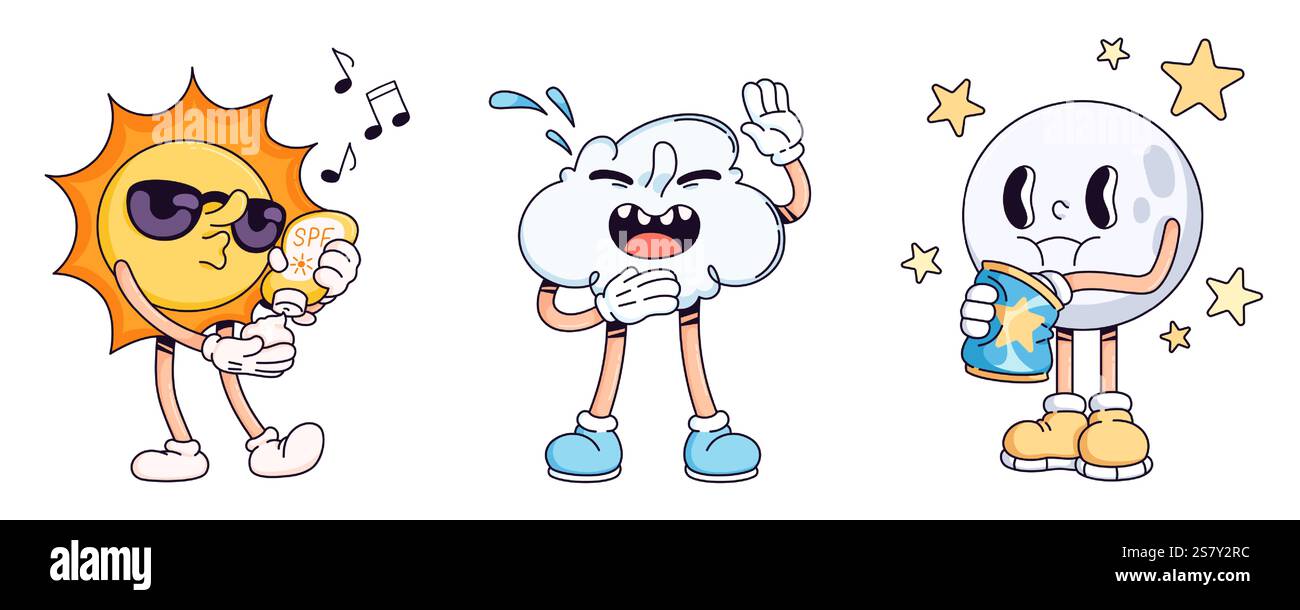 Weather character doodle set with expressive mascots - sun holding SPF ...