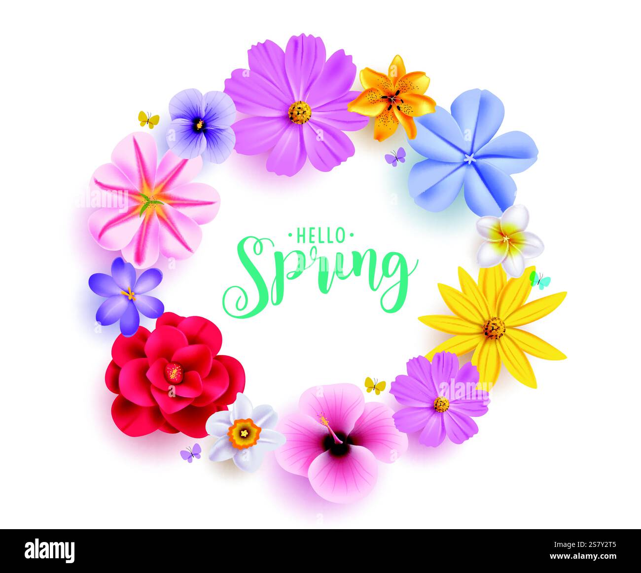 Spring flowers garland clipart design. Hello spring greeting text with ...