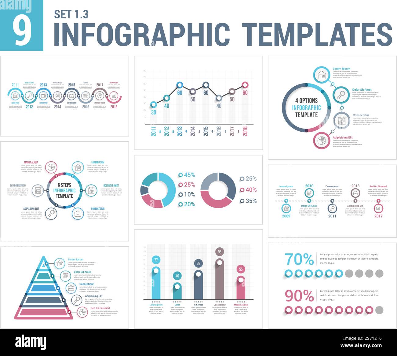 9 infographic templates - timelines, bar and line charts, pyramid, pie ...