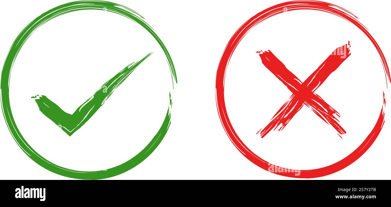 Green check mark, red cross, x mark icon set, Hand drawn right and wrong vector sign in circle ...
