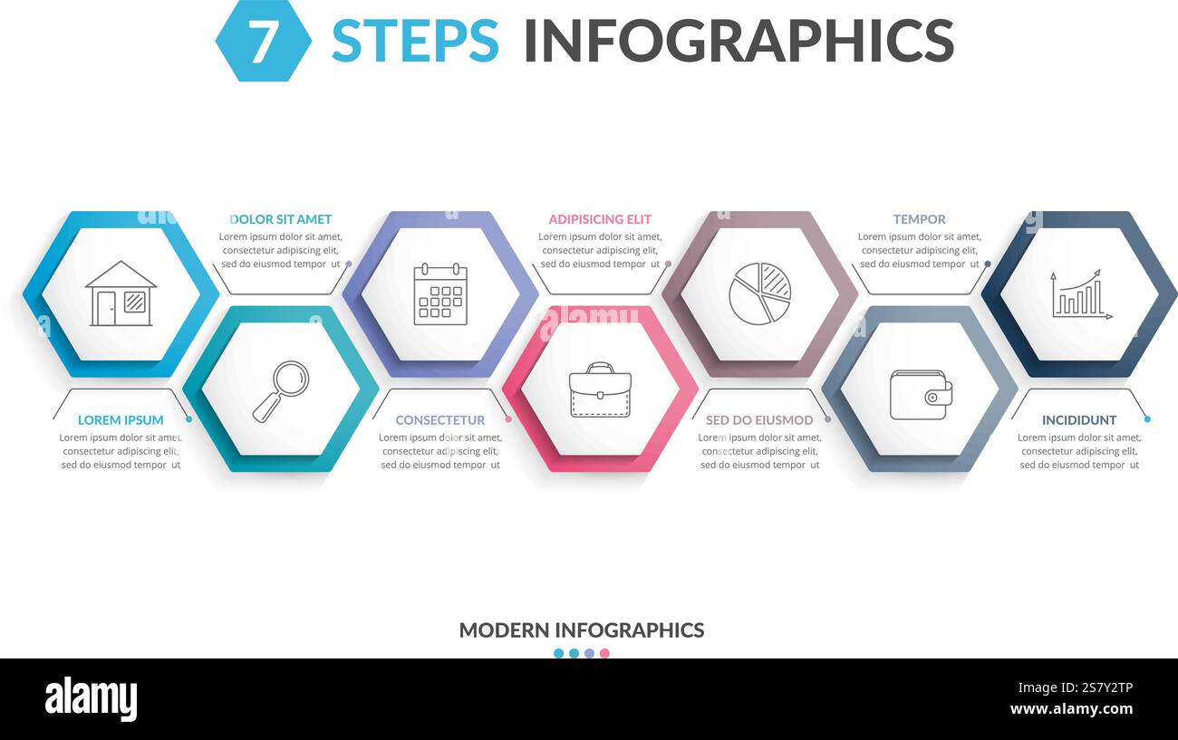Infographic template with 7 hexagons with line icons, process chart ...