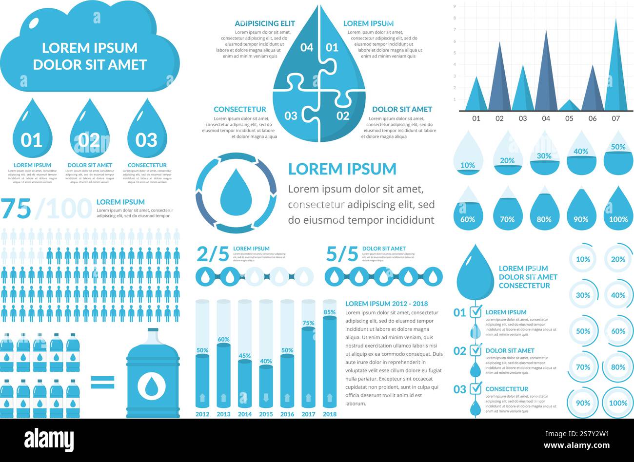 Water infographic elements - drops, bottles, people, graphs, percents ...