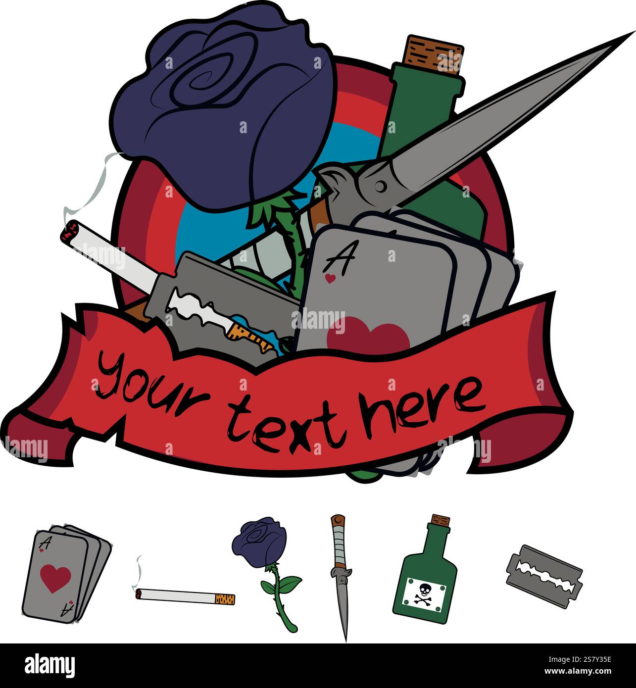 Aggressive logo with a knife, cards, cigarette and rose and all its ...