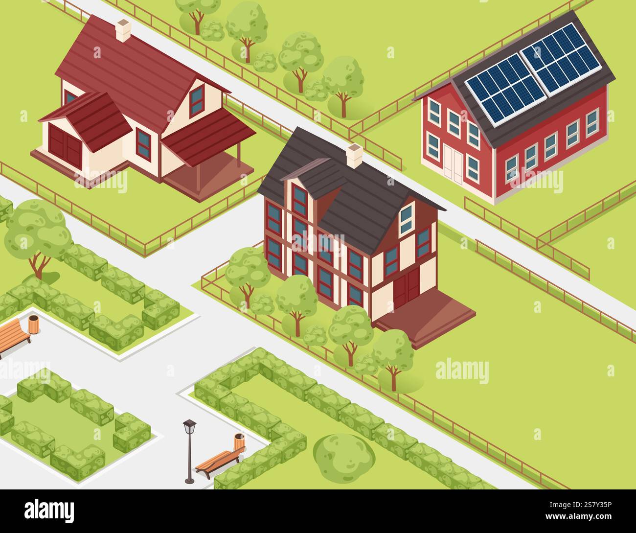 Isometric neighborhood with houses, trees, and gardens. Ideal for ...