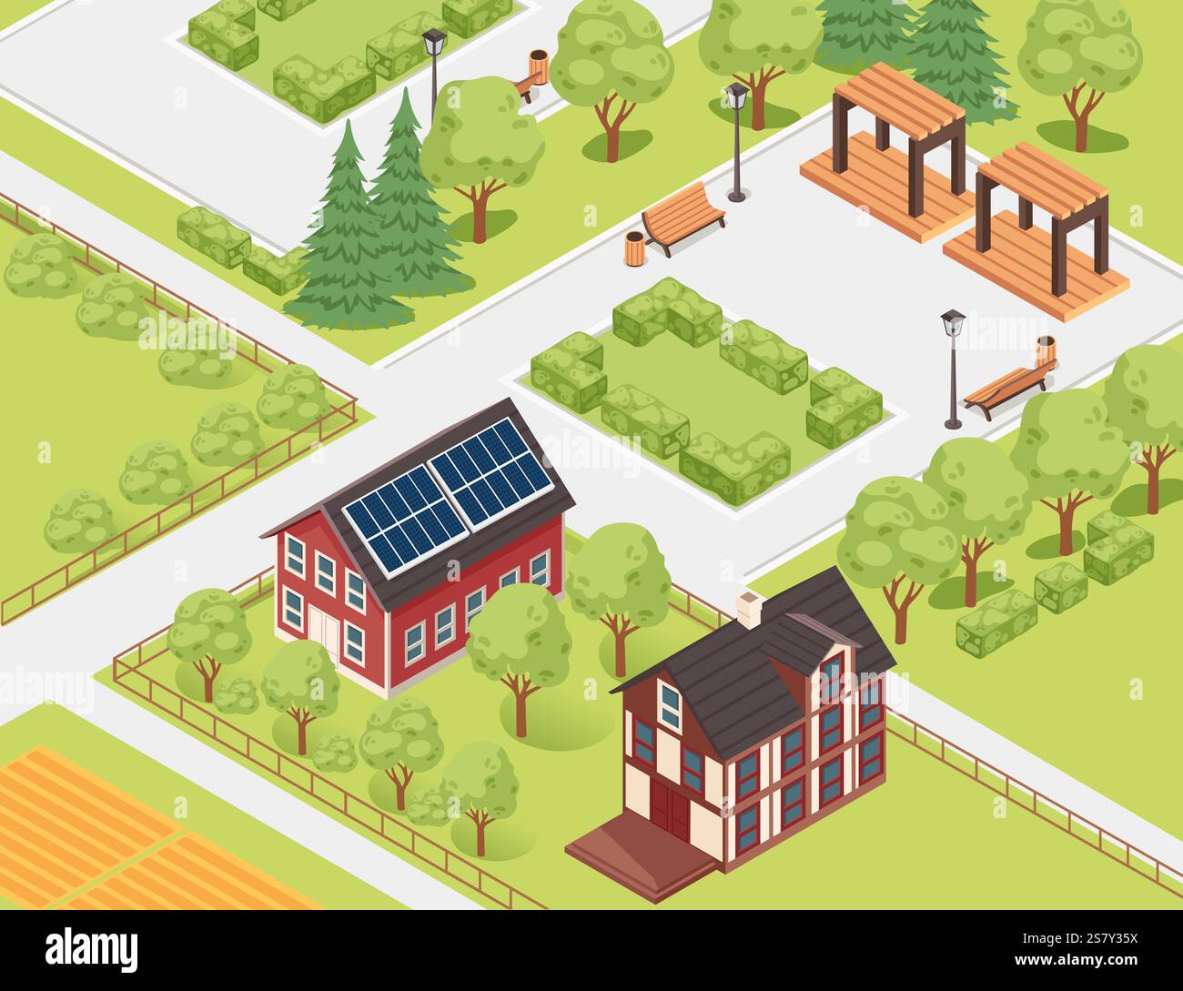 Isometric neighborhood with a mix of houses, gardens, and pathways ...