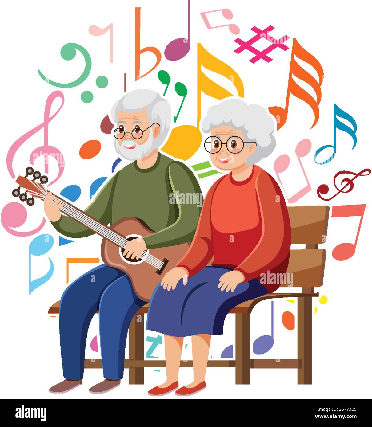 Happy seniors with guitar and colorful music notes Stock Vector Image ...