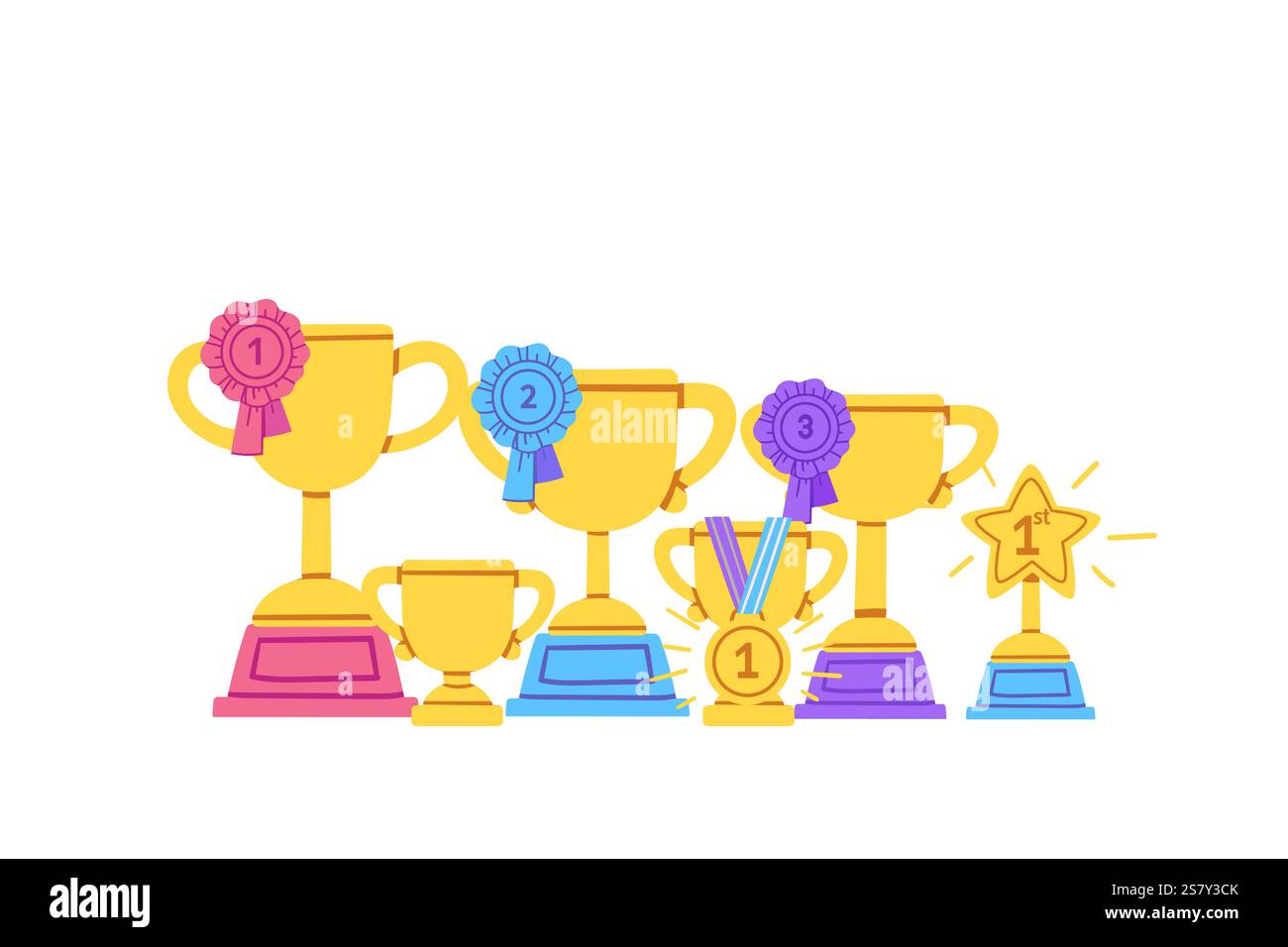 Row of trophies, medals, and ribbons in gold, silver, and blue. Perfect ...