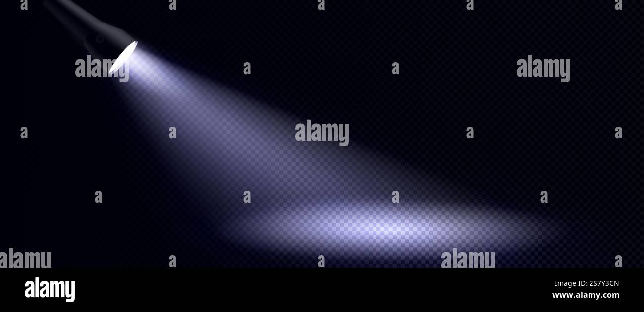 Flashlight beam effect with bright white luminous ray spreading ...