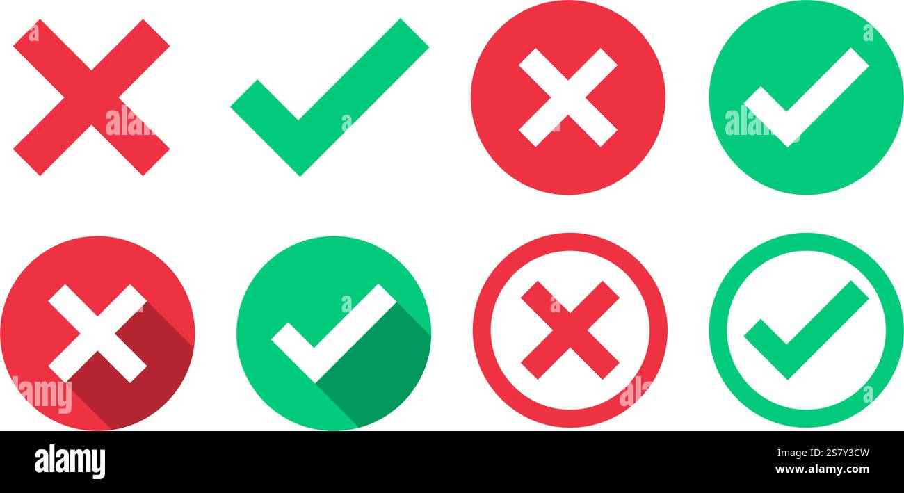 Set of Green check marks, red cross signs with long shadow, checkbox list vector icon. Checklist ...
