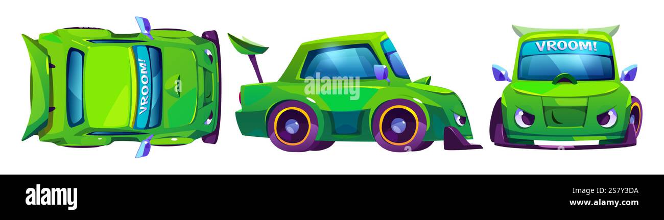 Green race car character set isolated on white background. Vector ...