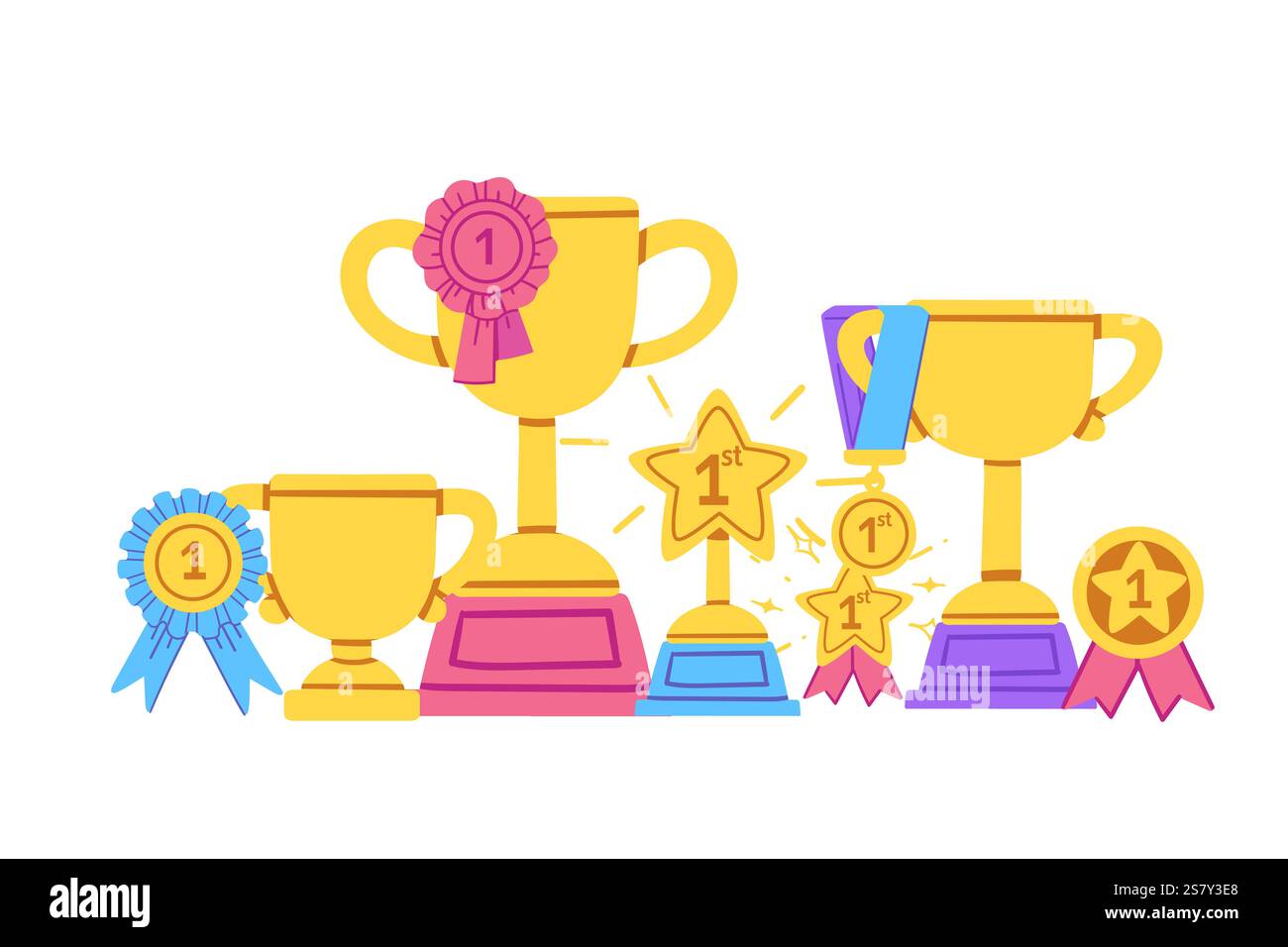 Array of trophies and medals with colorful ribbons and stars. Ideal for ...