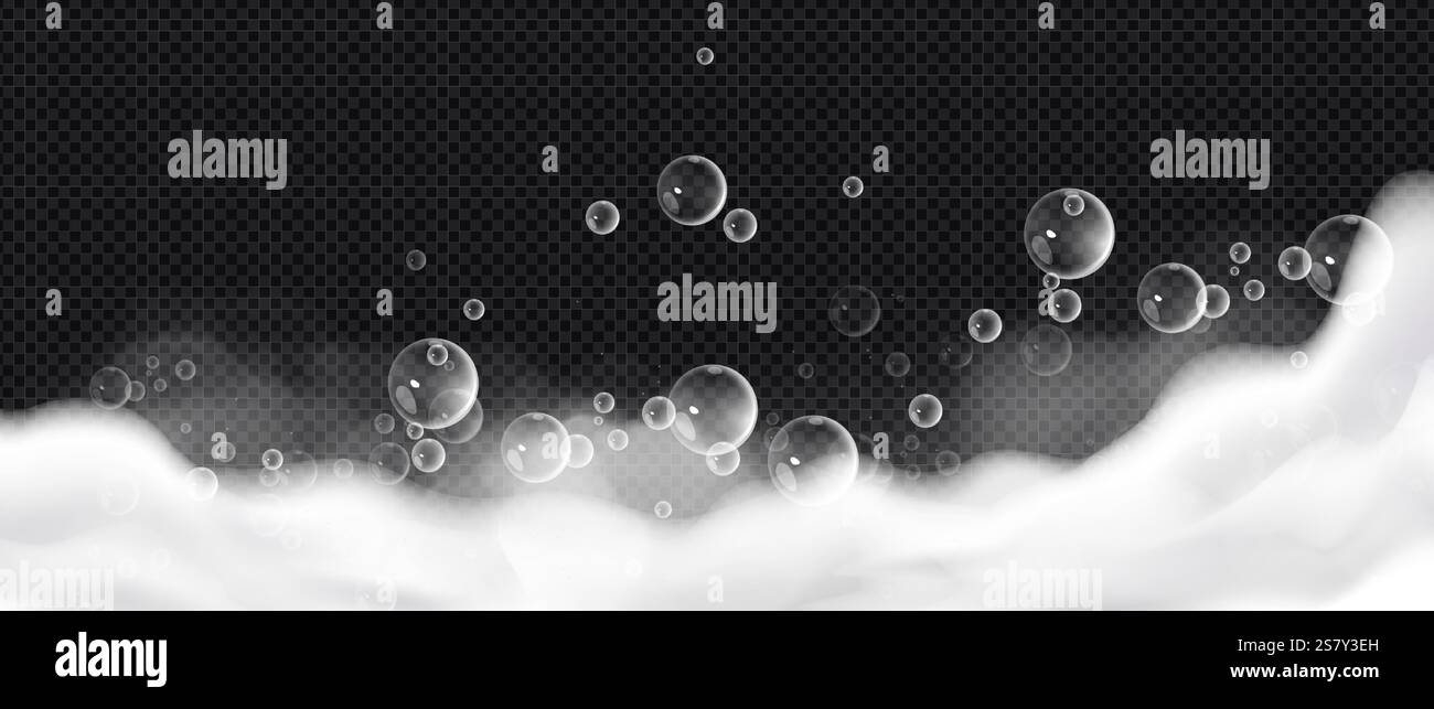 Soap foam composition with floating transparent bubbles rising above ...