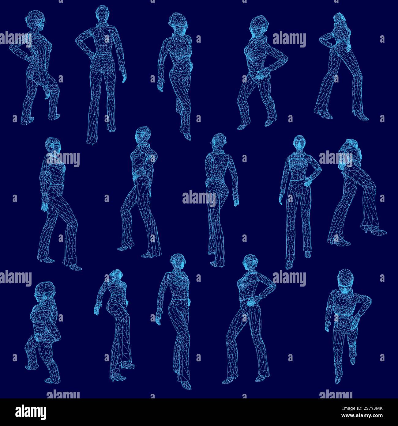 Series of blue images of people in various poses. Scene is lighthearted ...