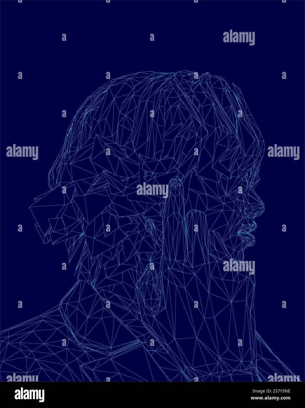Blue image of a person with a face. The face is made up of lines and ...