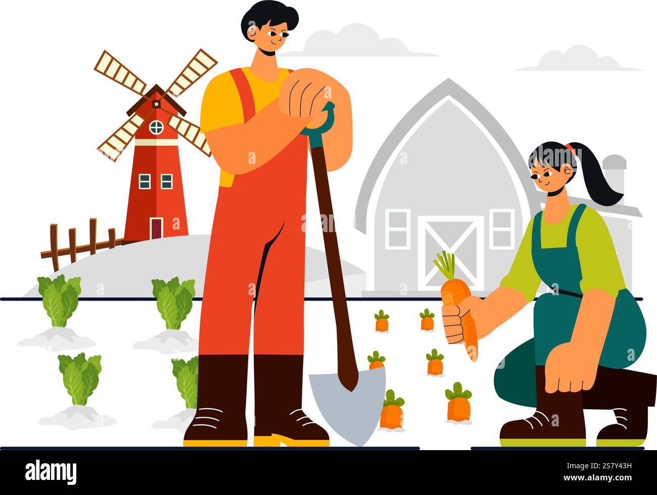 Family Farm Vector Illustration Featuring a Mother and Father Working ...