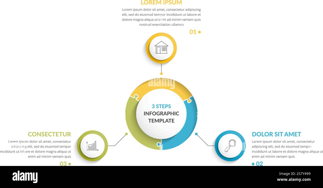 Circle infographic template with round puzzle with three steps or ...